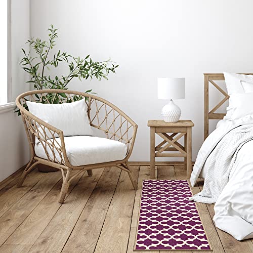 Machine Washable Moroccan Trellis Design Non-Slip Rubberback 2x5 Traditional Indoor Runner Rug for Hallway, Kitchen, Bedroom, Entryway, 20" x 59", Purple