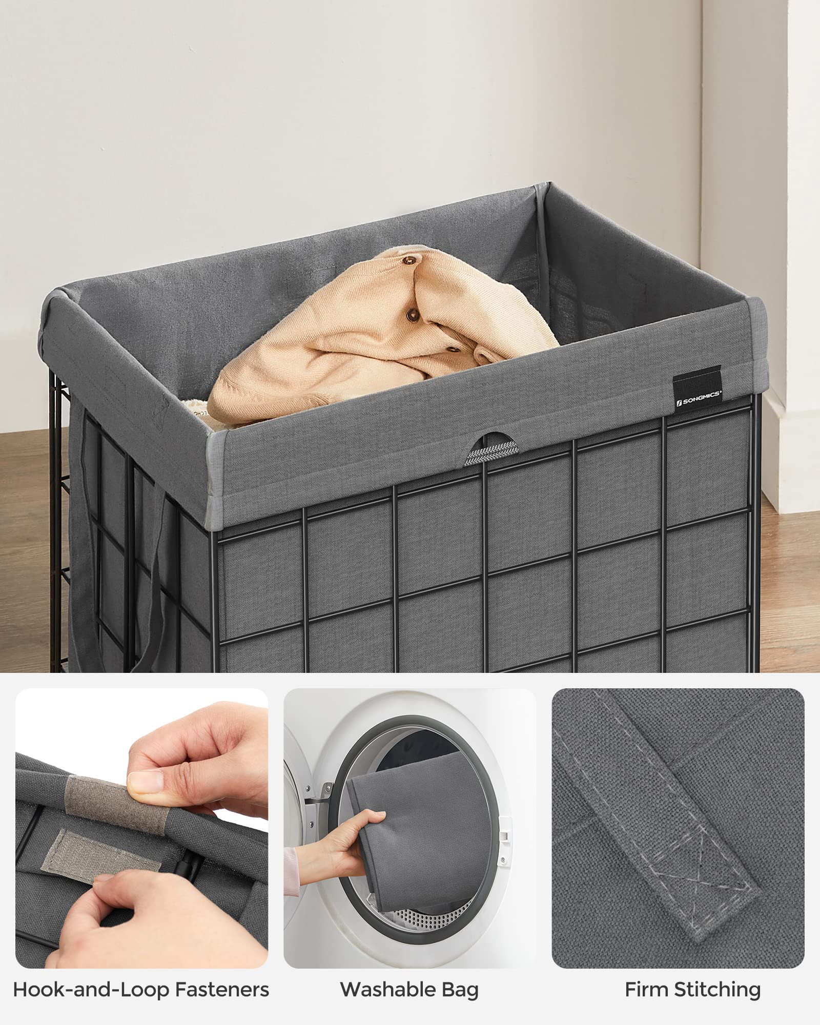 SONGMICS Laundry Hamper, 23.8 Gal. (90L) Laundry Basket, Collapsible Clothes Hamper, Removable and Washable Liner, Metal Wire Frame, for Bedroom Bathroom, Black and Gray ULCB190G01