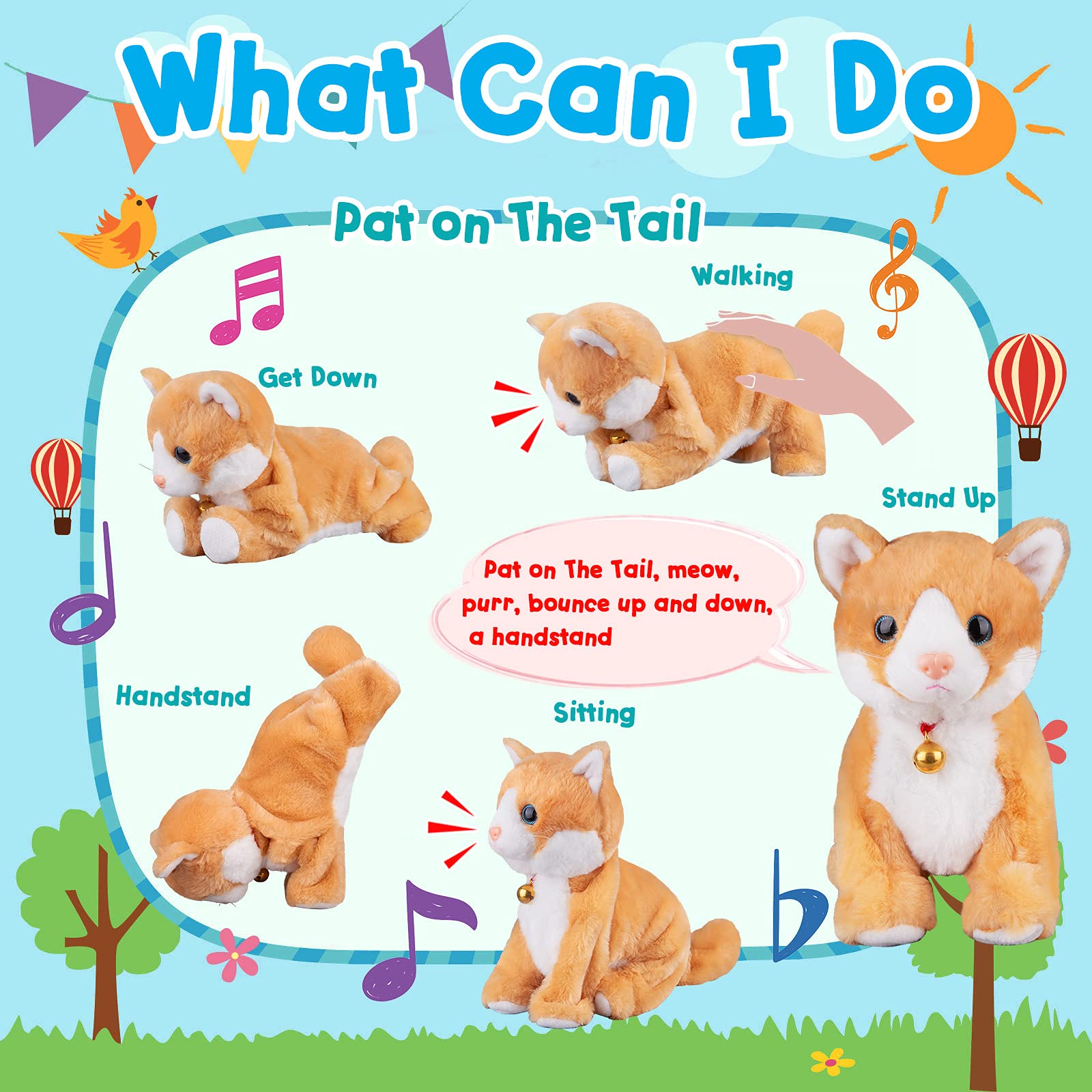 HCdoujoy 12" Yellow Plush Interactive Robot Cat Toy - Touch Control, Animated, Meow & Barking, for Kids 3+ Years