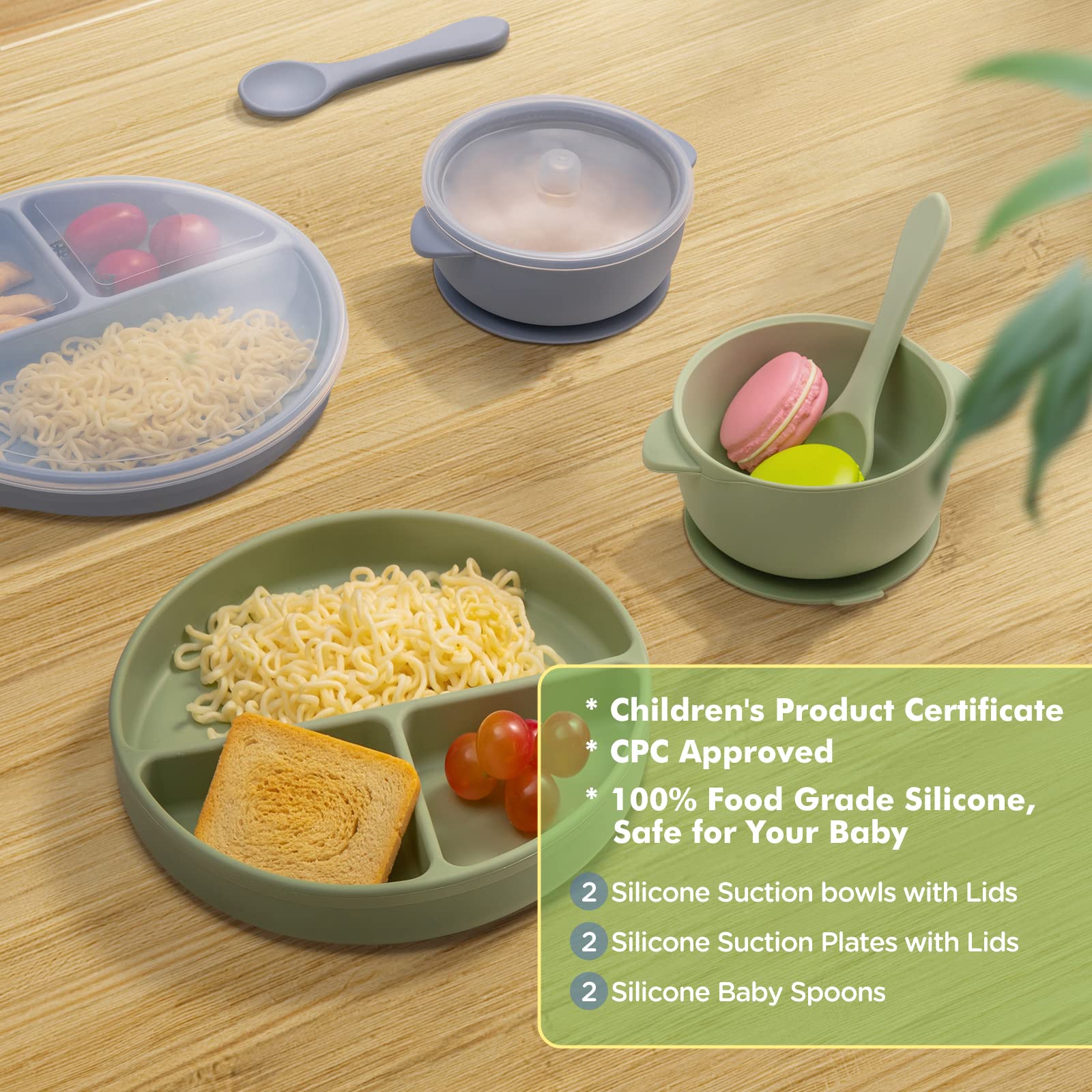 Baby Plates Bowls with Lids - Silicone Mini Mat - Suction Placemat Bowl with 2 Spoons for Self Feeding, 100% Food Grade Silicone, Dishwasher and Microwave Safe