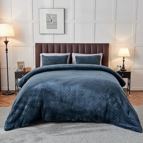 Cupocupa Velvet Comforter Set; 3 Pieces Ultra Soft Plush Warm Bedding Comforters ;Modern King Comforter Sets for Fall and Winter (Navy Blue King)