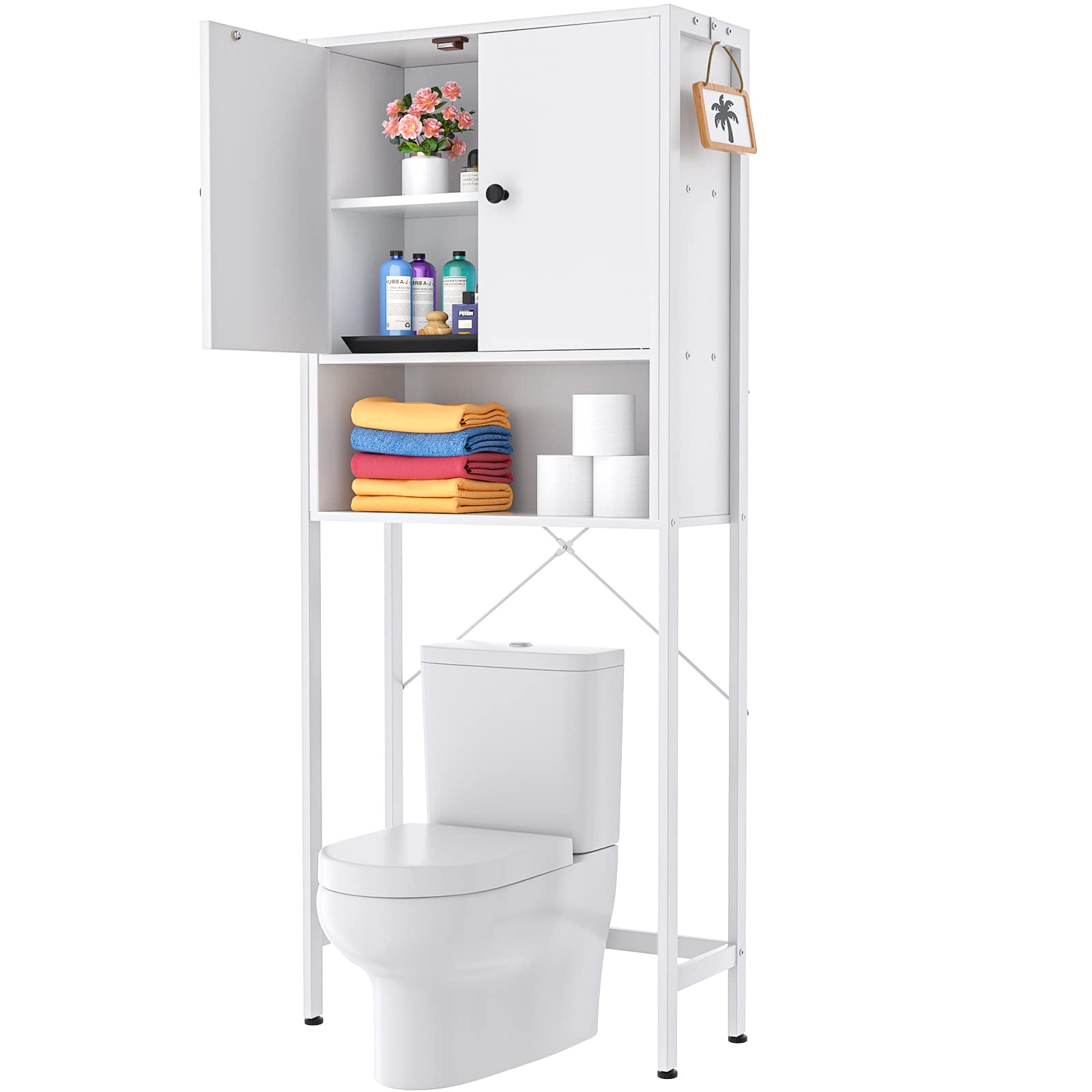 Ecoprsio Over-The-Toilet Storage Cabinet Rack, Bathroom Organizer Shelf Over Toilet, Freestanding Space Saver Toilet Stands with 2 Hooks, White