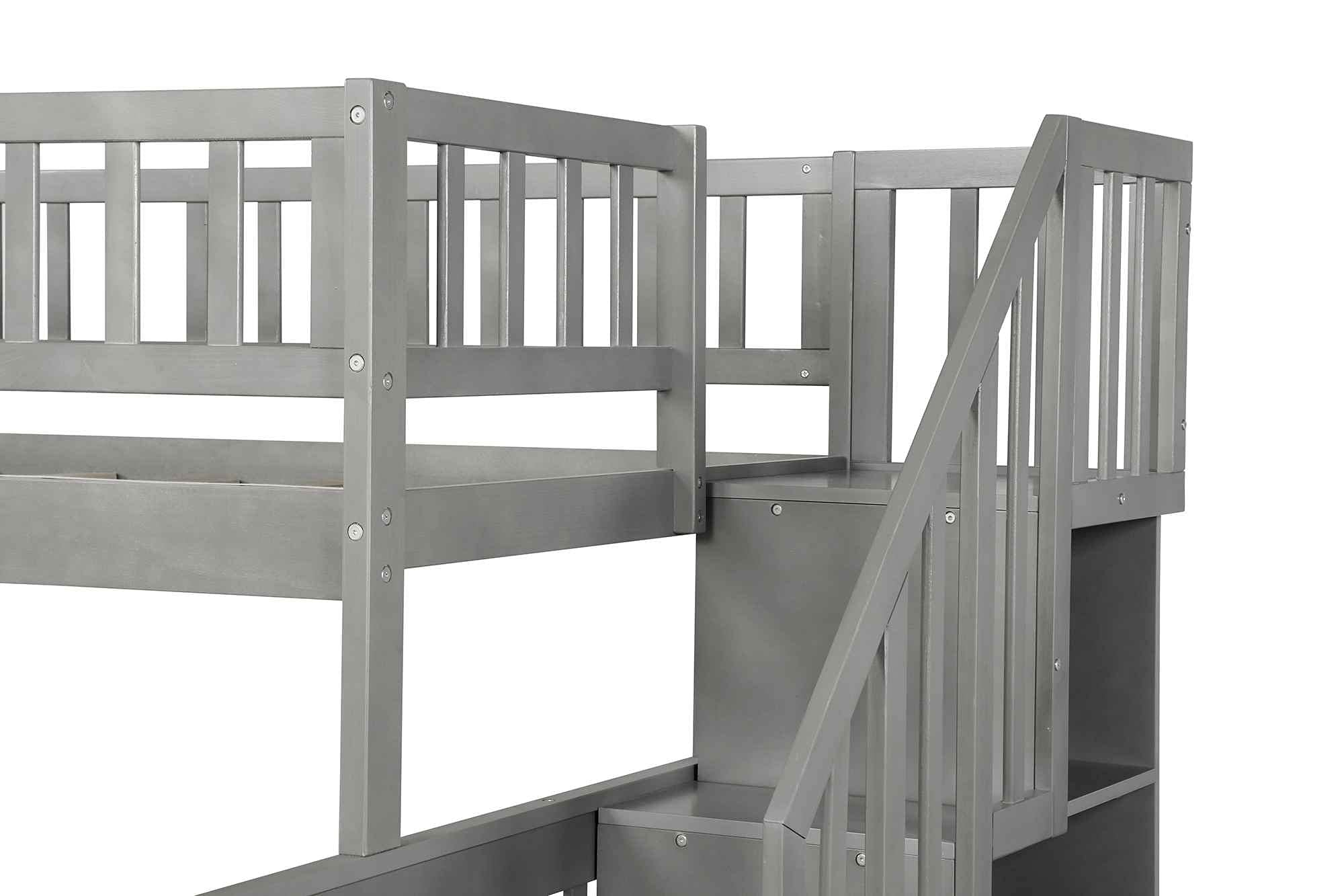 ATY Upgraded Full Bunk Bed with Trundle, Solid Wood Twin Over Size with Storage and Guard Rail, for Kids and Teenagers, Grey