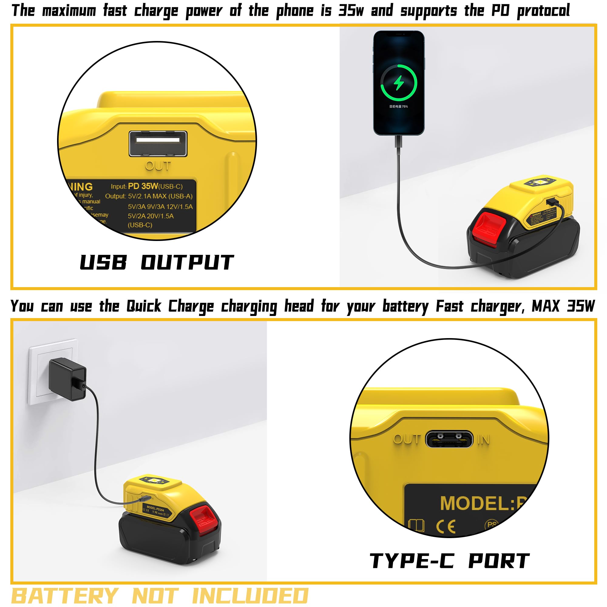 Rebicacate Portable USB Charger for Dewalt 20V Battery with USB C PD2.0 33W Output, Compatible with Dewalt Charger, Compatible with DCB204 DCB200 DCB205 Power Power Tools Lithium-Ion Battery
