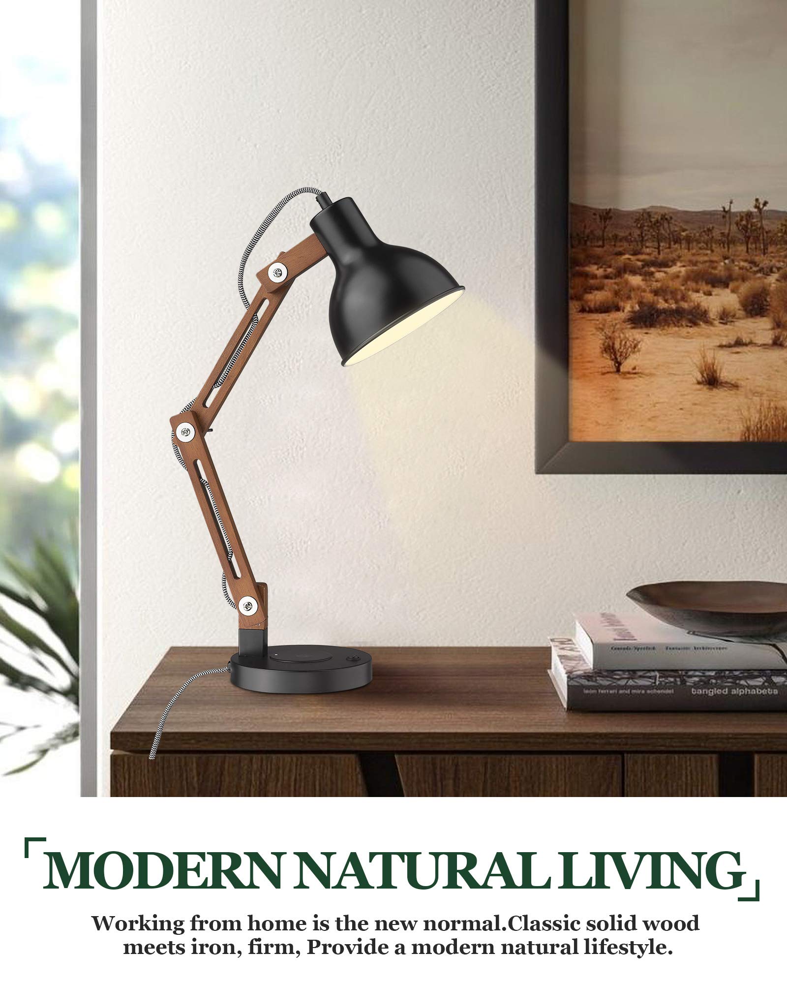 ELYONA Sapele Wood Desk Lamp with Wireless Charging & USB Port, Swing Arm, LED Bedside Table Lamp for Bedroom, Adjustable Reading Task Lights for Dorm, Office, Living Room, 5W Bulb Included, Black