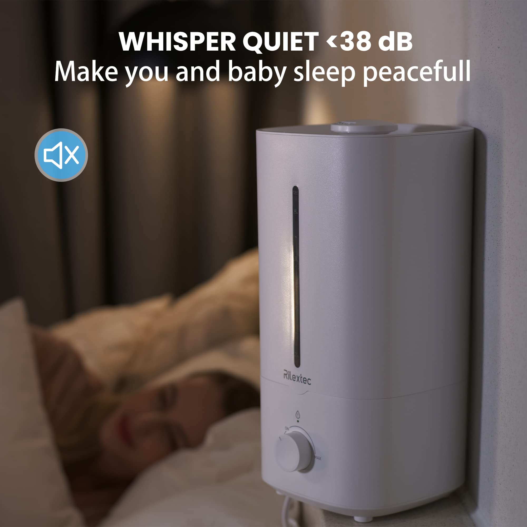 Rilextec Humidifiers for Bedroom Large Room, 4.5L Cool Mist Humidifiers Quiet for 37H, 360° Rotation Nozzle, Top Fill Room Humidifiers for Babies Nursery, Office, Indoor Plants