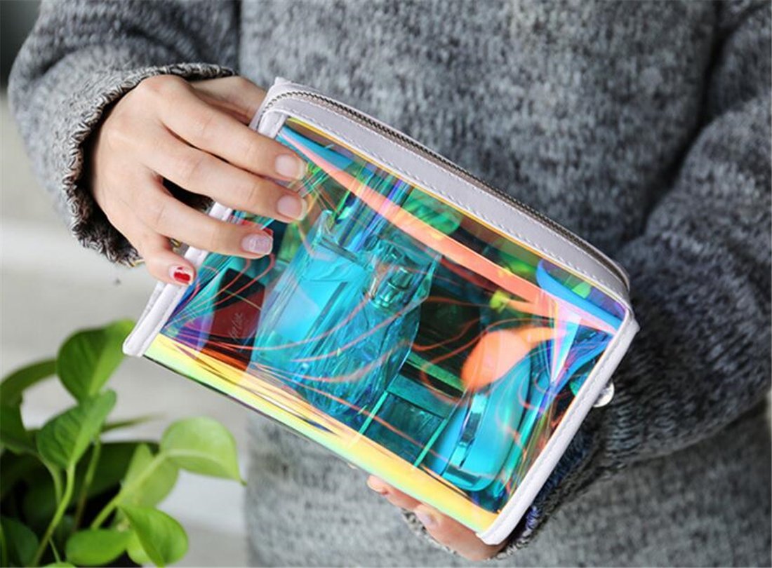 Susanki Holographic Transparent Makeup Case Clear Cosmetic Bag Organizer for Women