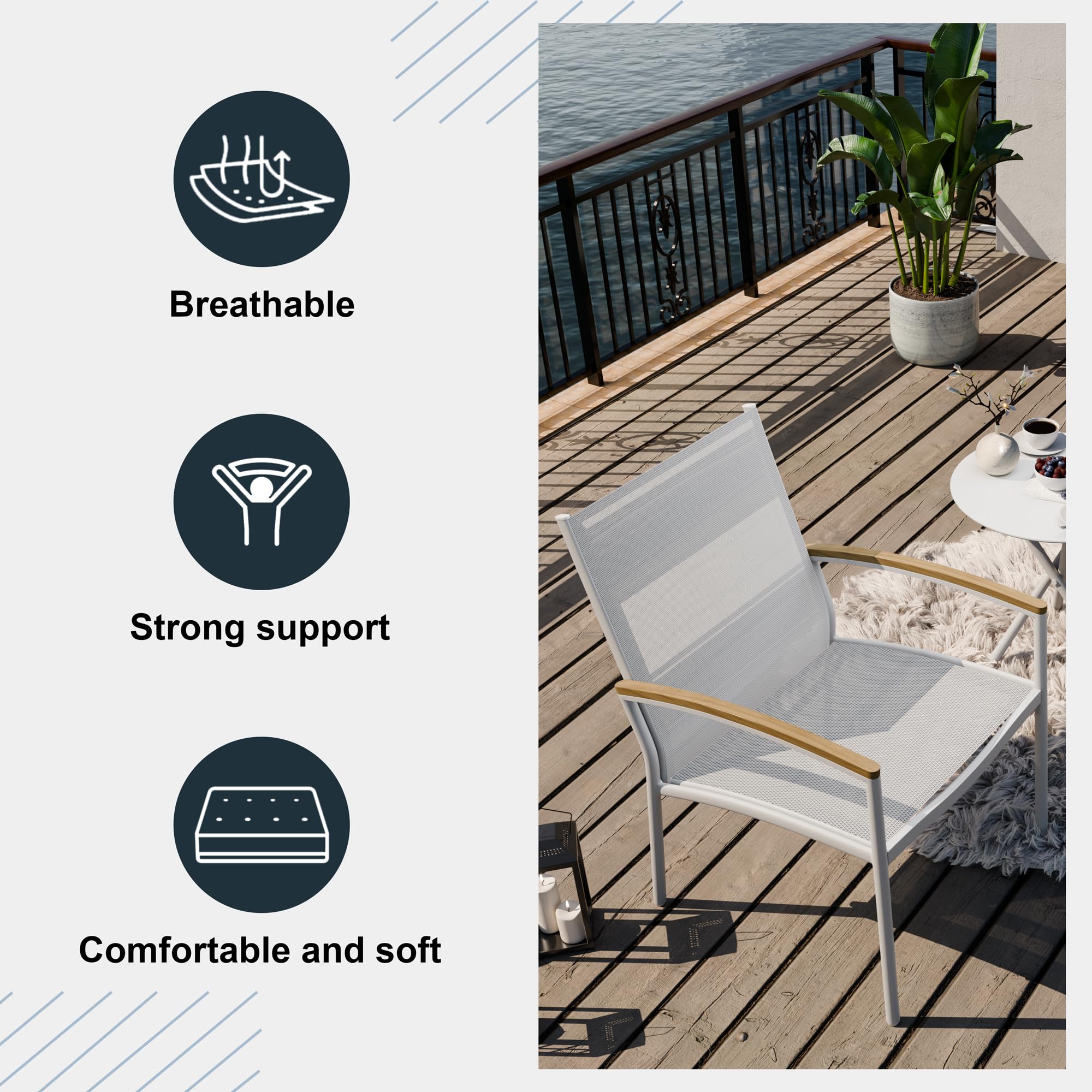 SUNLEI 3-Piece Patio Bistro Sets, Outdoor Black Chairs & Patio Furniture Conversation Set-Two Chairs with Coffee Table (Non-Rocking Chairs/White)