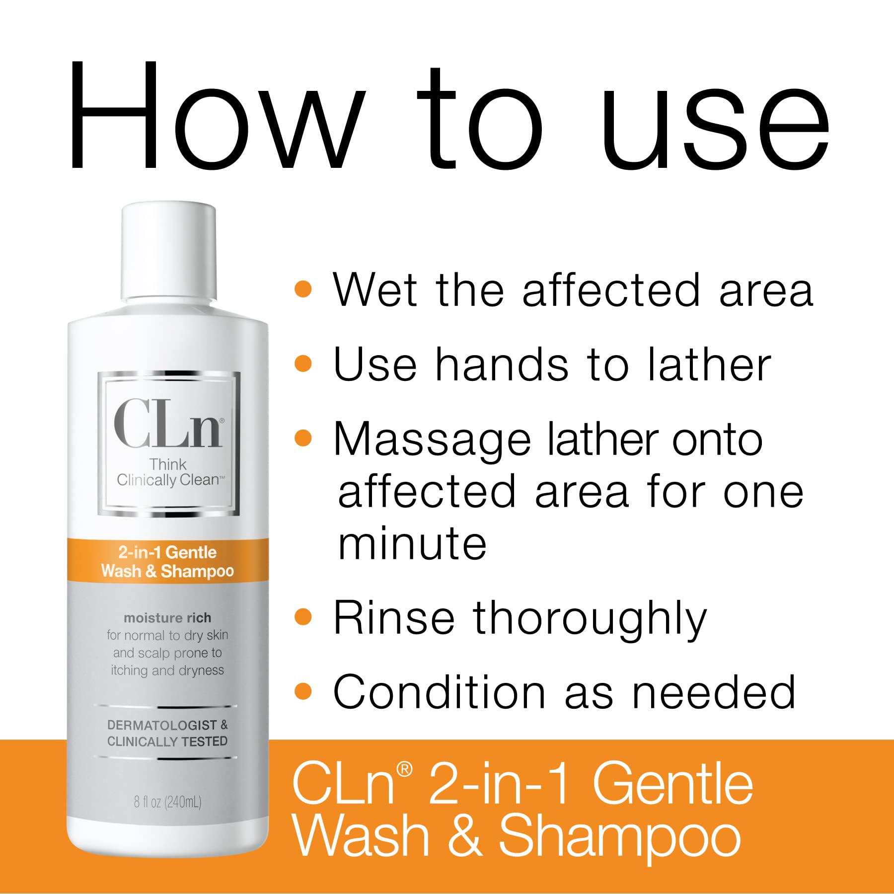 CLn® 2-in-1 Gentle Wash & Shampoo- Multi-functional Cleanser for Skin & Scalp Prone to Irritation, Flaking, Itching, Dryness & Razor Bumps, Fragrance-Free & Paraben-Free, 8 fl. oz.