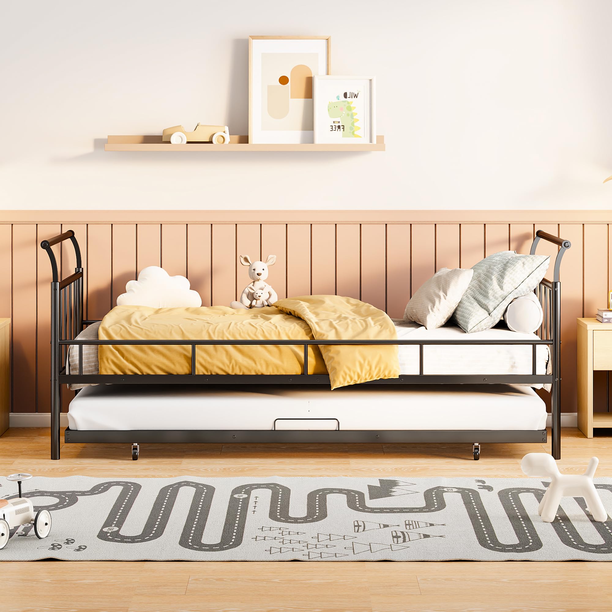 Full Size Metal Daybed with Curved Handle Design and Twin Size Trundle, Black
