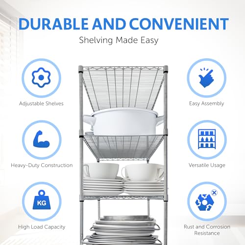 Crescent, Chrome, 48 x 18 x 76, 4000 LBS, Metal Shelves for Storage with Wheels, Ideal for Garage Shelving, 5 Tier Wire Shelving Rack for Kitchen Storage, Heavy Duty Shelving for Home Storage