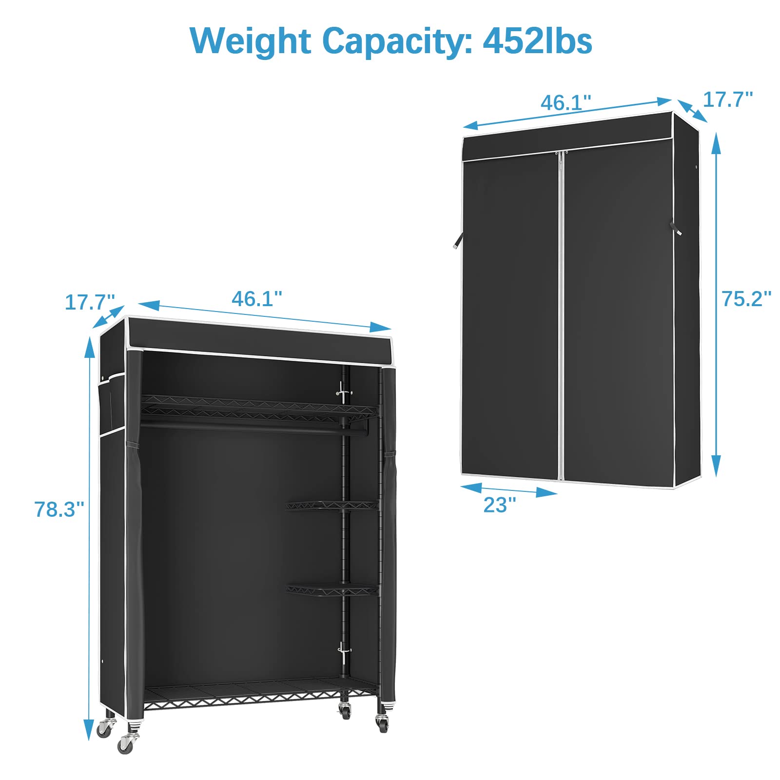 VIPEK V11C Portable Closet Rolling Clothes Rack 5 Tiers Heavy Duty Adjustable Wire Garment Rack with Lockable Wheels Wardrobe Black Metal Clothing Rack with Black Oxford Fabric Cover, Max Load 452LBS