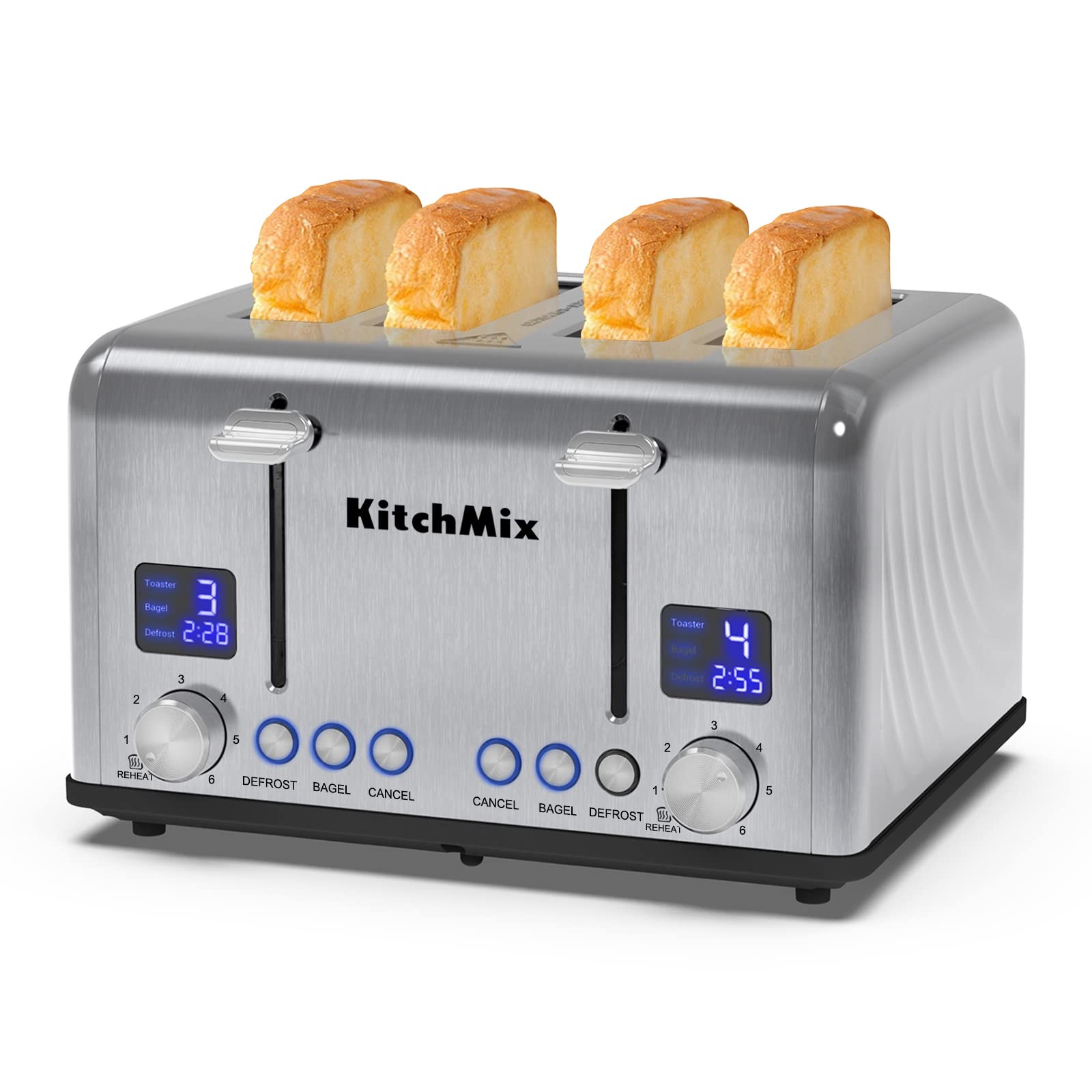 Toaster 4 Slice, KitchMix Bagel Stainless Toaster with LCD Timer, Extra Wide Slots, Dual Screen, Removal Crumb Tray (Stinless steel)