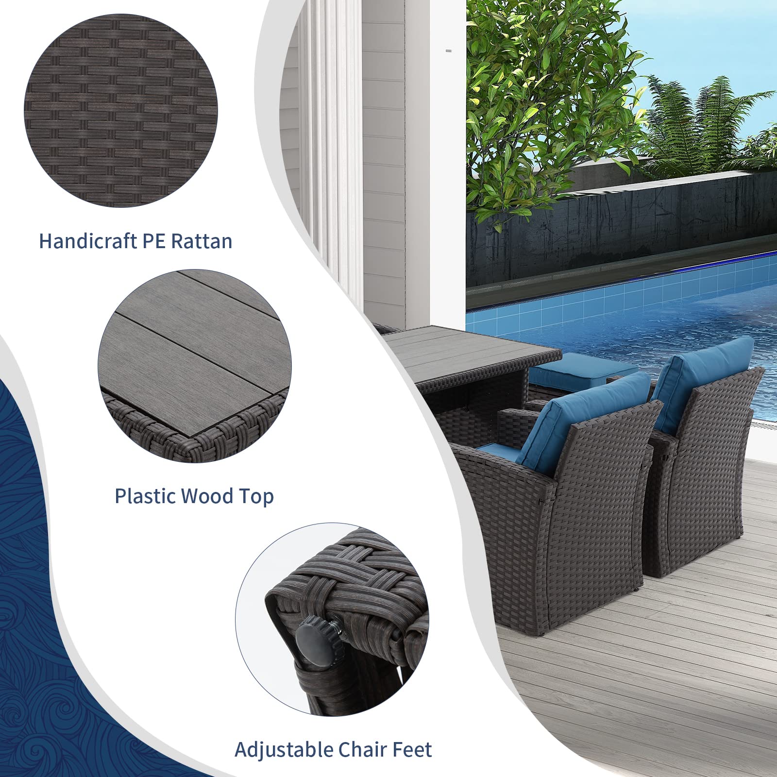 HOMREST 6 Pieces Patio Furniture Sets Clearance, Patio Dining Sofa Set Outdoor Sectional Sofa Conversation Set All Weather Wicker Rattan Couch Dining Table & Chair (Blue)