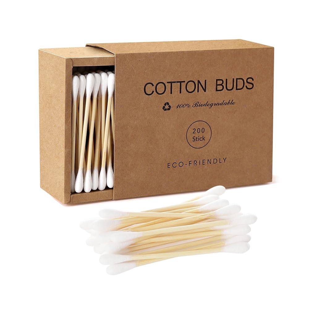 Bamboo Cotton Swabs, 200 Count Wooden Cotton Buds, Eco-Friendly Double Tips, Plastic Free Ear Sticks, 100% Natural Cotton Swabs—Kraft Paper Box (Drawer Box)