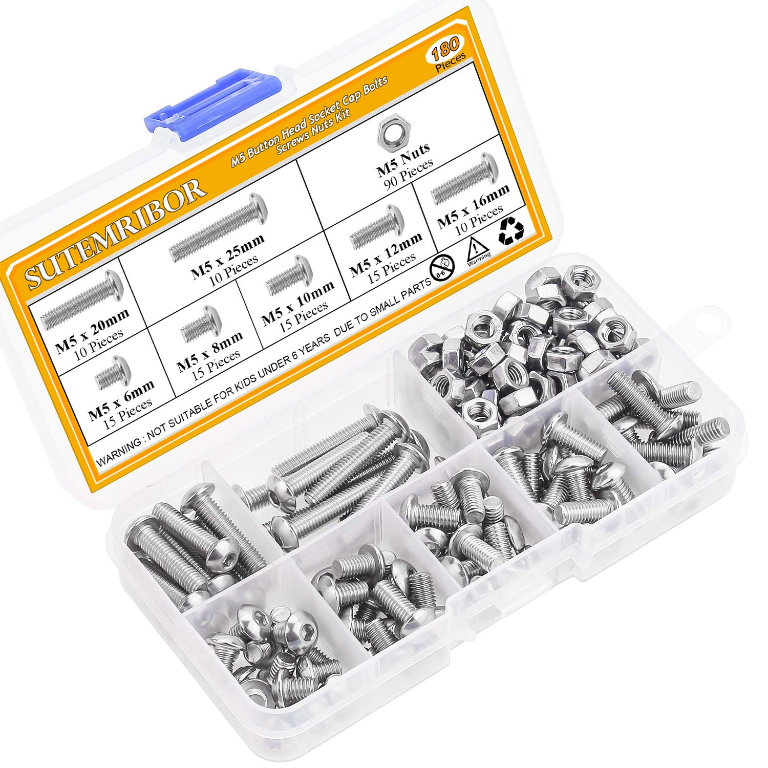 Sutemribor 180Pcs M5 Stainless Steel Button Head Hex Socket Head Cap Bolts Screws Nuts Assortment Kit + Wrench