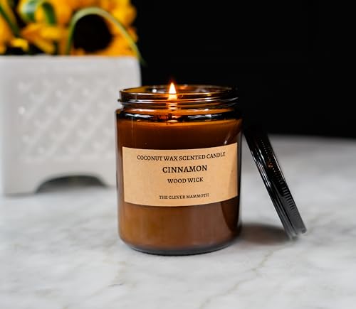 Coconut Wax Scented Candle - Wood Wick - Paraffin Free - Long Lasting - Crackle - Essential Oils - Smoke Free - (Cinnamon, 8 Oz.)