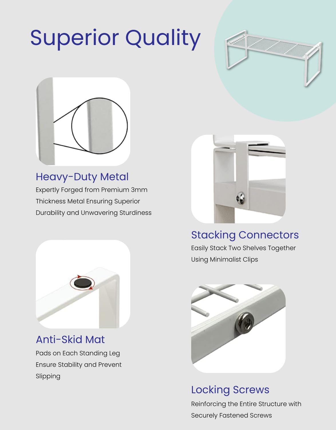 Countertop Organizer and Storage Shelf Rack for Kitchen, Cabinet, Pantry, Office and Bathroom. Rust Resistant and Non Slip (White, L20 W8.25 H9.5)