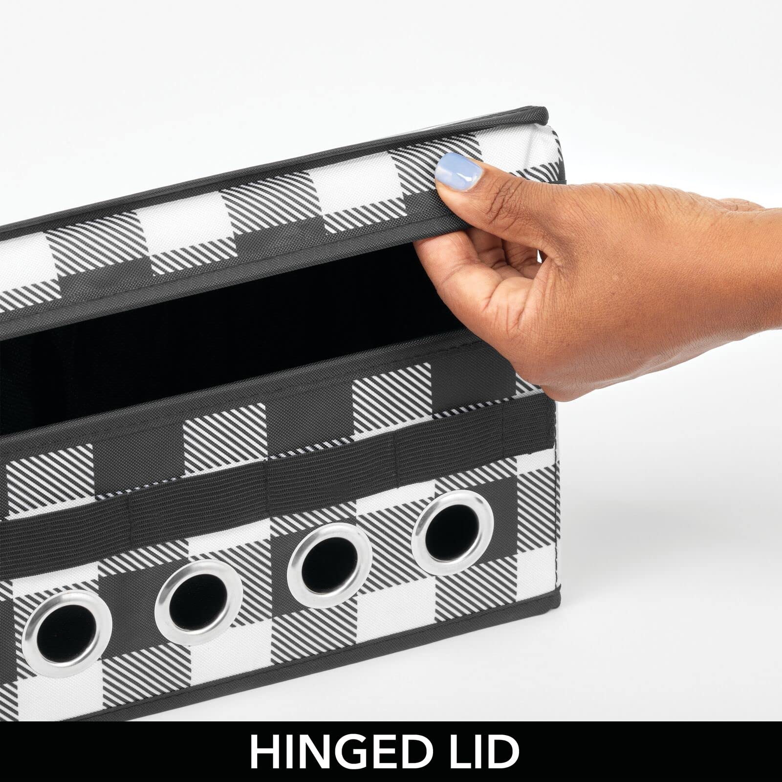 mDesign Gift-Wrapping Ribbon Storage Box with Handles - Holiday Bow Organizer Container with Lid - Christmas Giftwrap Ribbon Holder - Gift Storage Tote Bin and Bow Station - Buffalo Plaid Black/White