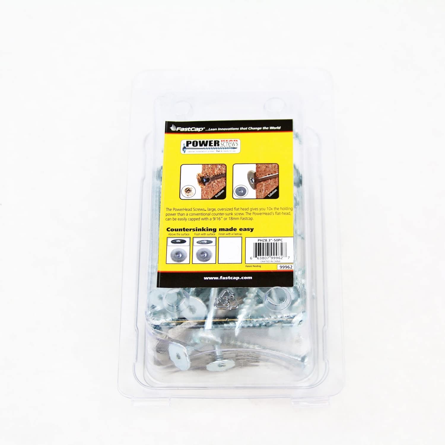 FastCap PowerHead Wood Screws with Flat Head - Self-Tapping Point - 3" Length, #2 Square Drive, Zinc Finish, 50-Pack - 99962