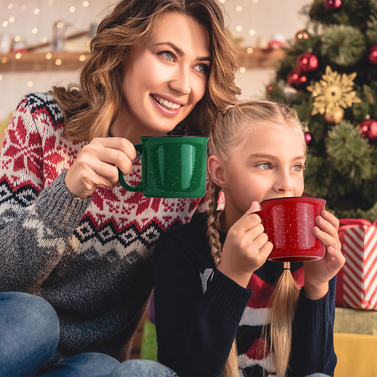 TURSTIN Set of 12 Ceramic Coffee Mugs 15 oz Speckled Christmas Red Green Campfire Camping Cups with Handle Stoneware Enamel Camping Mugs for Drinking, Coffee, Cocoa, Hot Chocolate Tea Campfire Gift