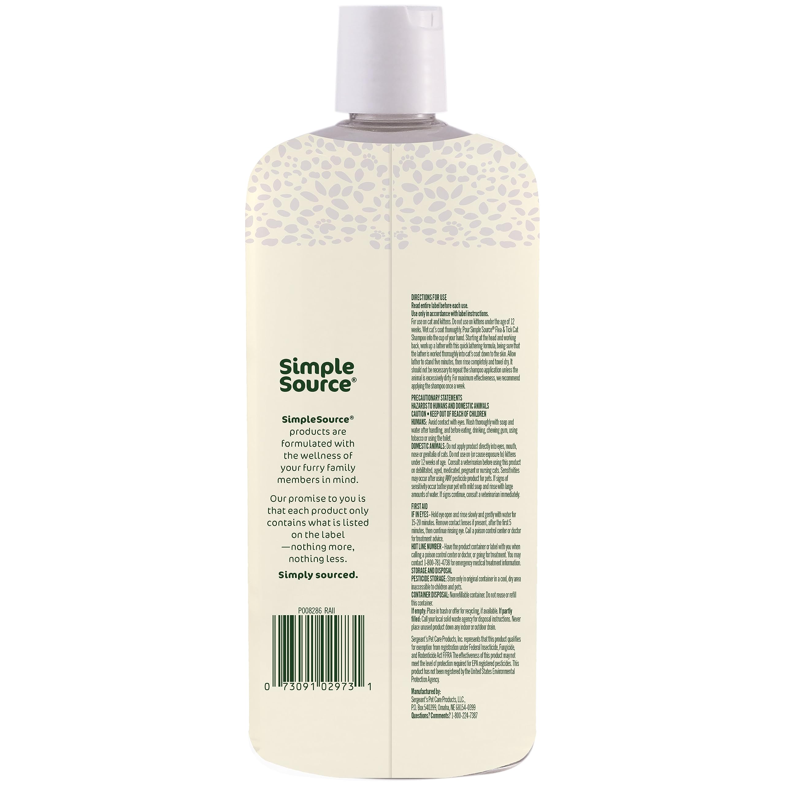 SimpleSourceĀ® Flea & Tick Shampoo for Cats, Powered by Plants, Kills Fleas, Flea Eggs, Flea Larvae, Ticks, & Mosquitos, Cleans & Deodorizes, 12oz Bottle