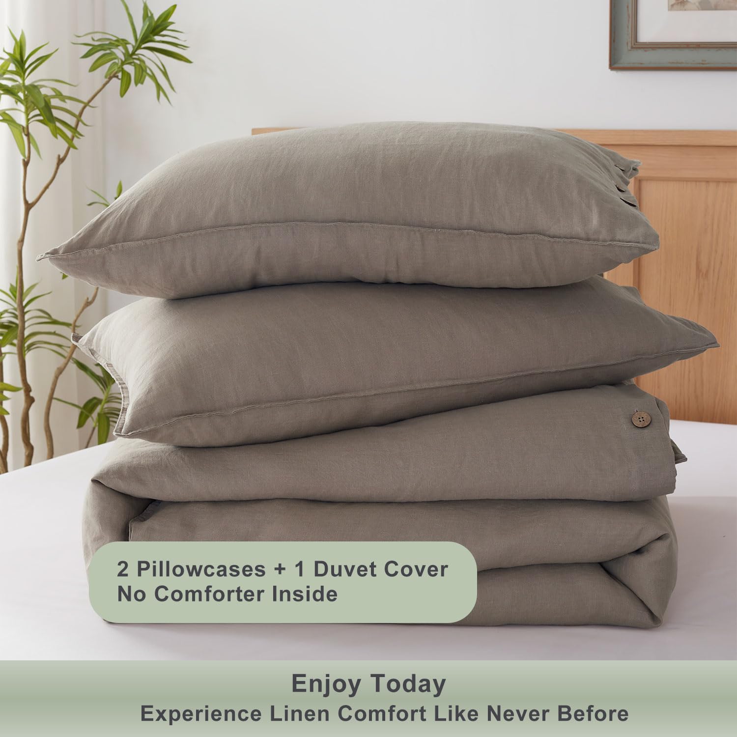 TOSMO 100% Linen Duvet Cover Set with Button Closure, 3 Pieces (1 Duvet Cover with 2 Pillowcases), Soft Breathable Durable Farmhouse Bedding - King, Taupe