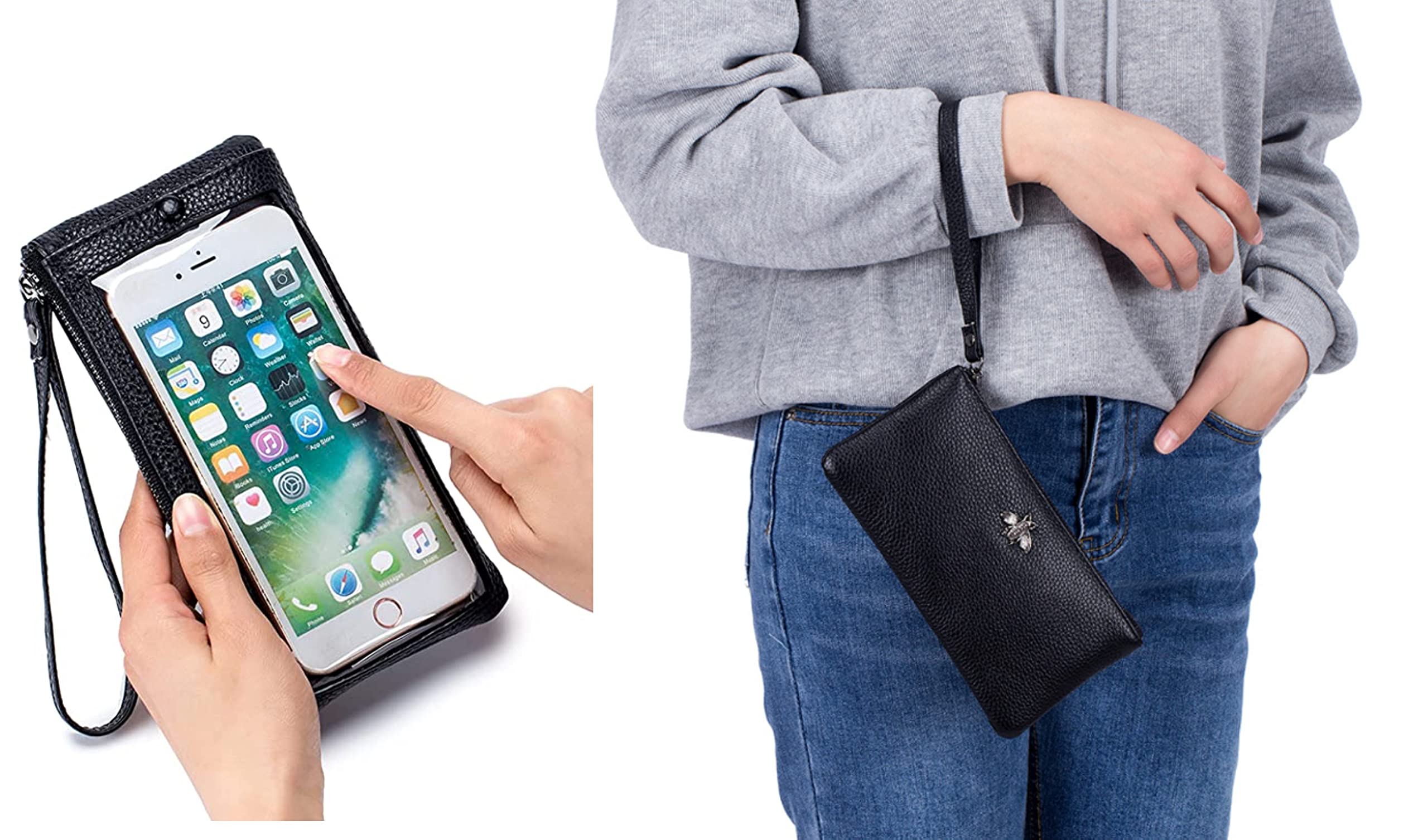Genuine Leather Touch Screen Phone Clutch Bag Wristlet Handbag Wallet for Women Girls (Green)