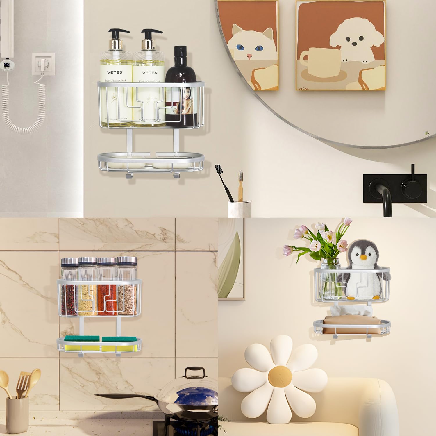 Baolihua Shower Caddy 2 Tier, with Soap Holder and 2 Hooks, Aluminum Bathroom Organizer, Never Rust, No Drilling Required for Bathroom, Silver.