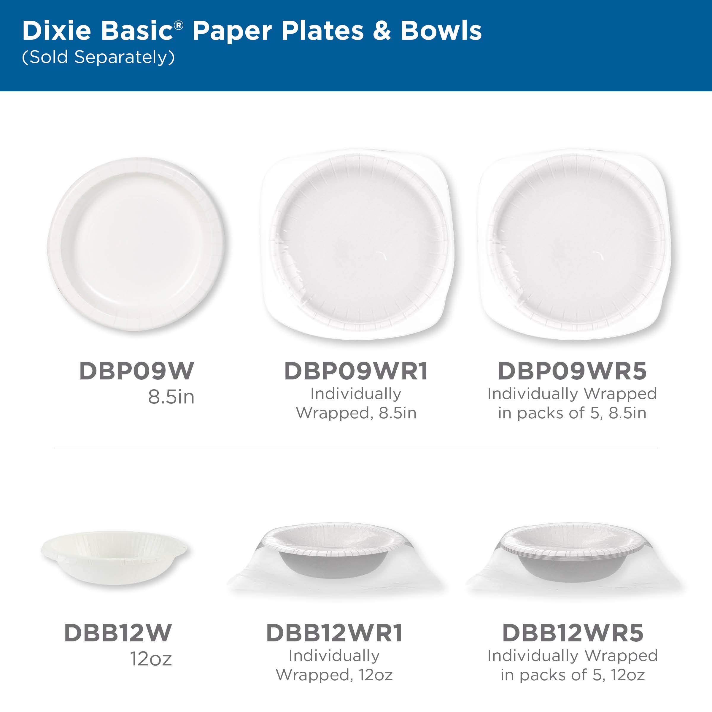 Georgia-Pacific Dixie Basic® 8.5” Wrapped Light-Weight Paper Plates by PRO , White, Individually Wrapped, DBP09WR1, 500 Plates Per Case