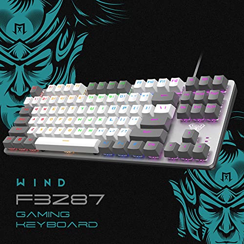 AULA F3287 Wired TKL Rainbow Mechanical Gaming Keyboard, 80% Compact Tenkeyless 87 Keys Layout w/Tactile Brown Switches, White & Grey Mixed-Color Keycaps, Programmable Macro Keys