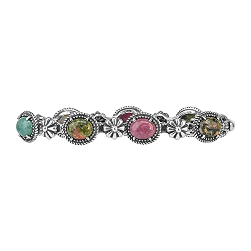 American West Sterling Unakite, Rhodonite, Jasper and Green Turquoise Gemstone Link Bracelet Size Small