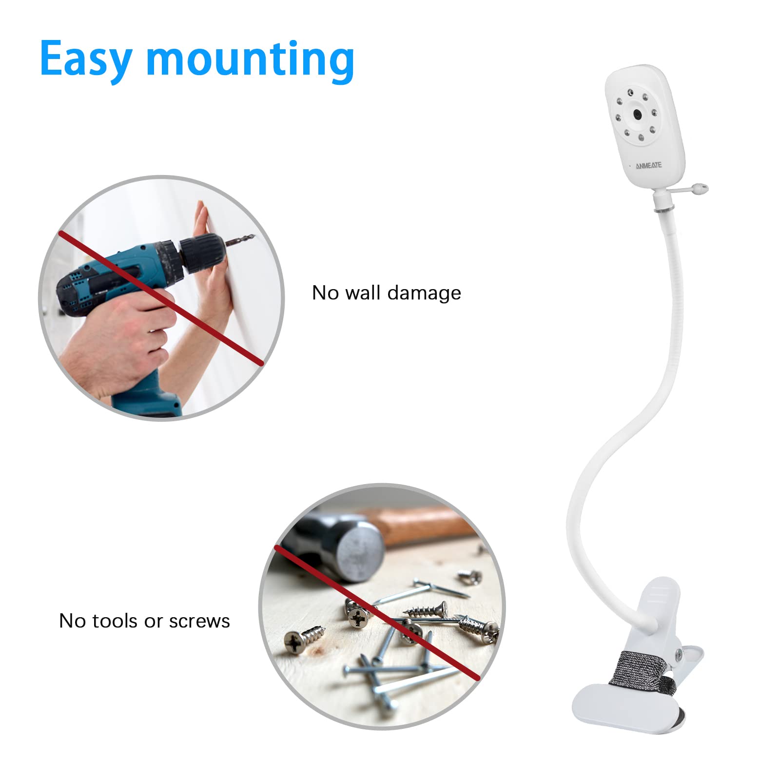 BECEMURU Baby Monitor Mount Camera Shelf, Flexible Strong Clip Clamp Mount Bracket Compatible for ANMEATE SM24/Goodbaby UU24/Babysense V24US Camera,No Drilling Mounting
