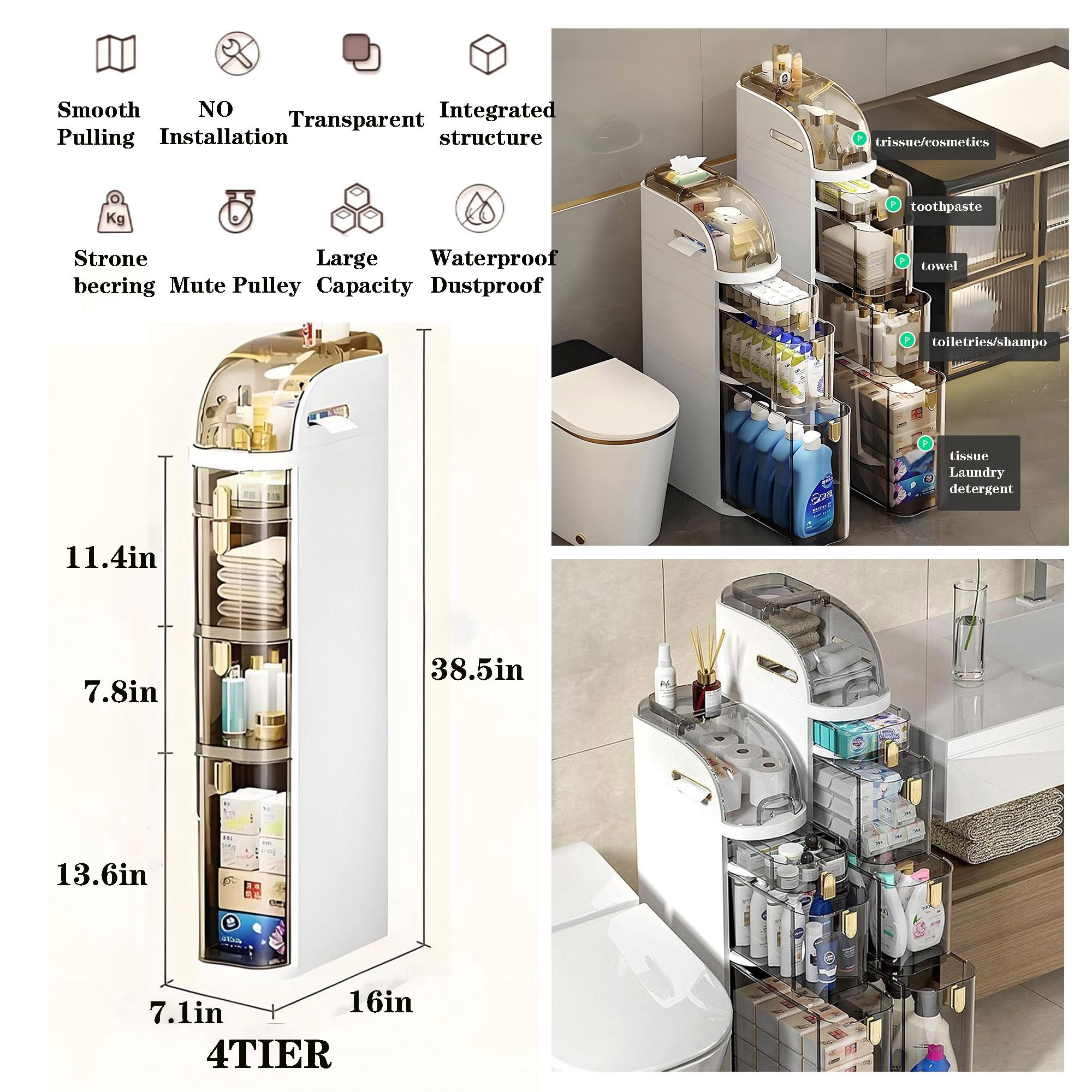 Bathroom Cabinet/Slit Storage Cabinet /Organizing Rack For Bathroom ,Bathroom Floor Storage Cabinet Narrow For Laundry Room/Kitchen/Bedside/Wardrobe/Sofa Side/Balcon,Narrow Four Tier Cabinet (4 Tier)