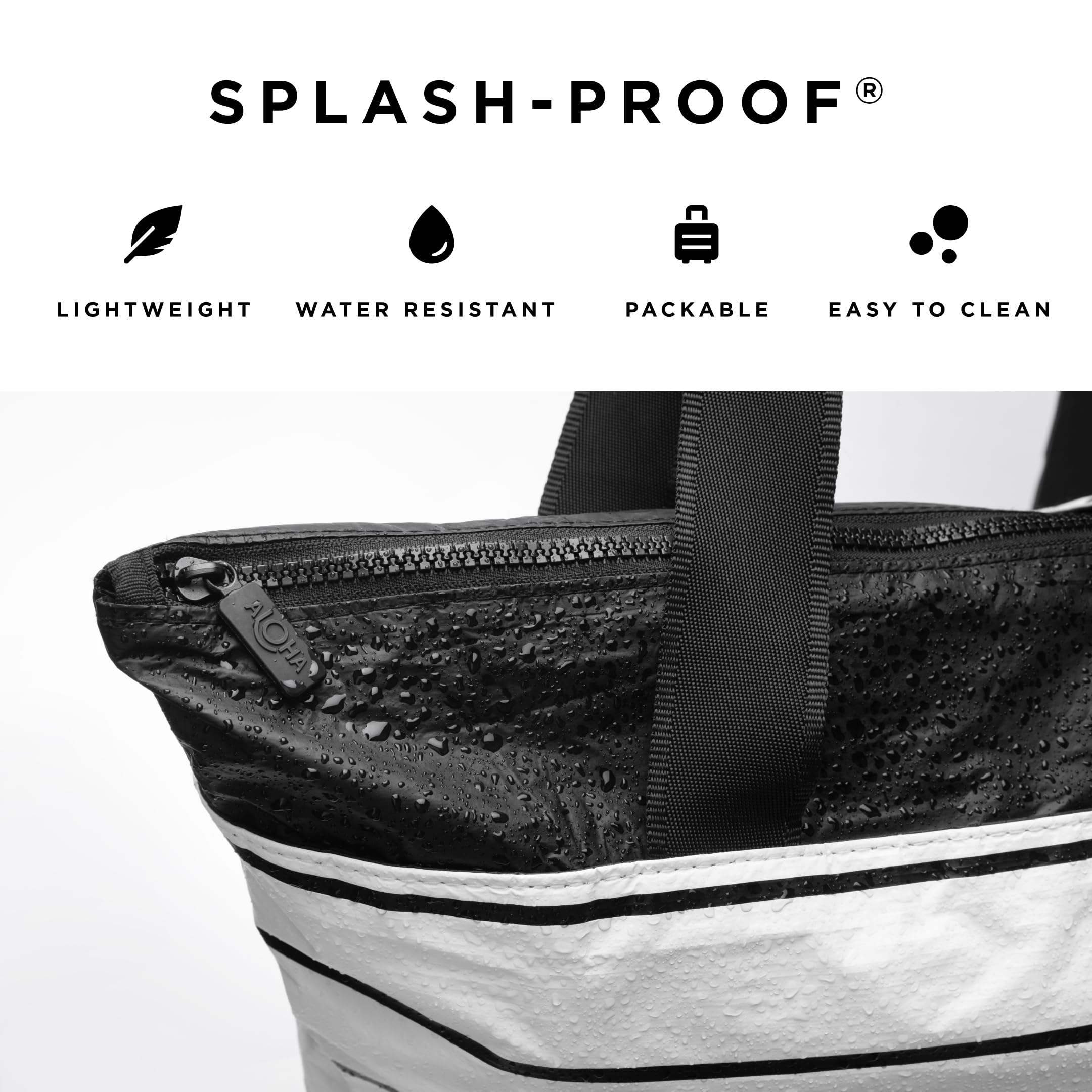 ALOHA Collection Waipi'o Day Tripper Tote in White on Black | Lightweight, Packable, and Splash-Proof Beach Tote Bag | Easy to Clean