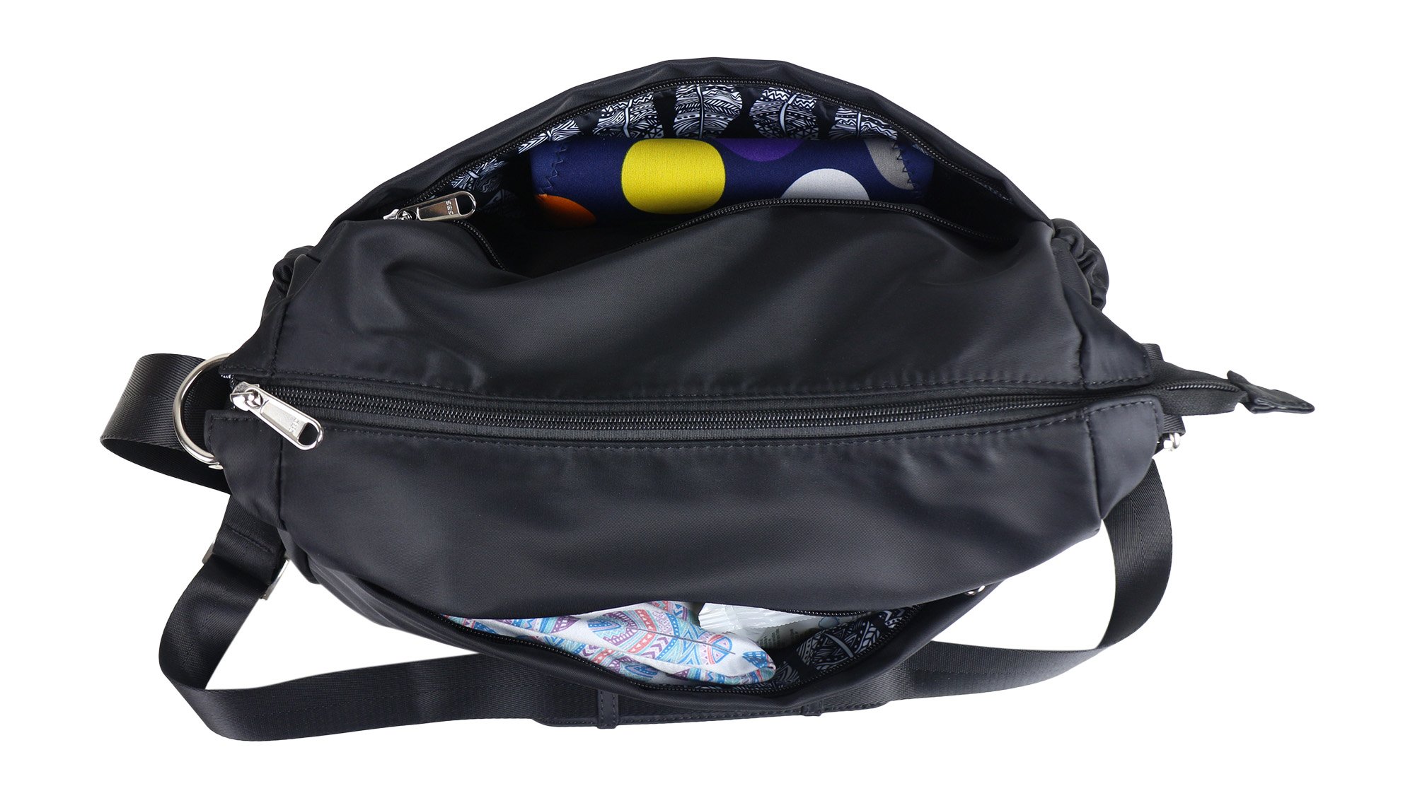 Purse Diaper Bag in Black Nylon with Matching Changing Pad Stroller Straps Premium Zippers 11 Pockets Insulated for Baby Bottles Crossbody Silver Tone Hardware Spacious Perfect for Moms on The Go