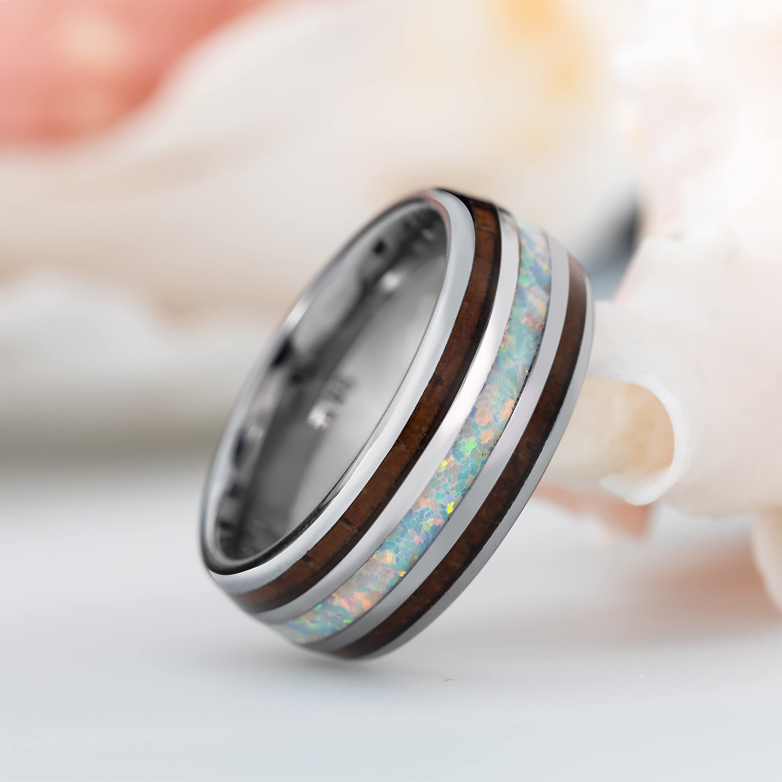 Aloha Jewelry Company 8mm Opal Tungsten Carbide Hawaiian Koa Tree Wood with Created Comfort Fit Ring Engagement Wedding Band Dome Style Weighted High Polished Finish with Gift box (White Opal, 13)