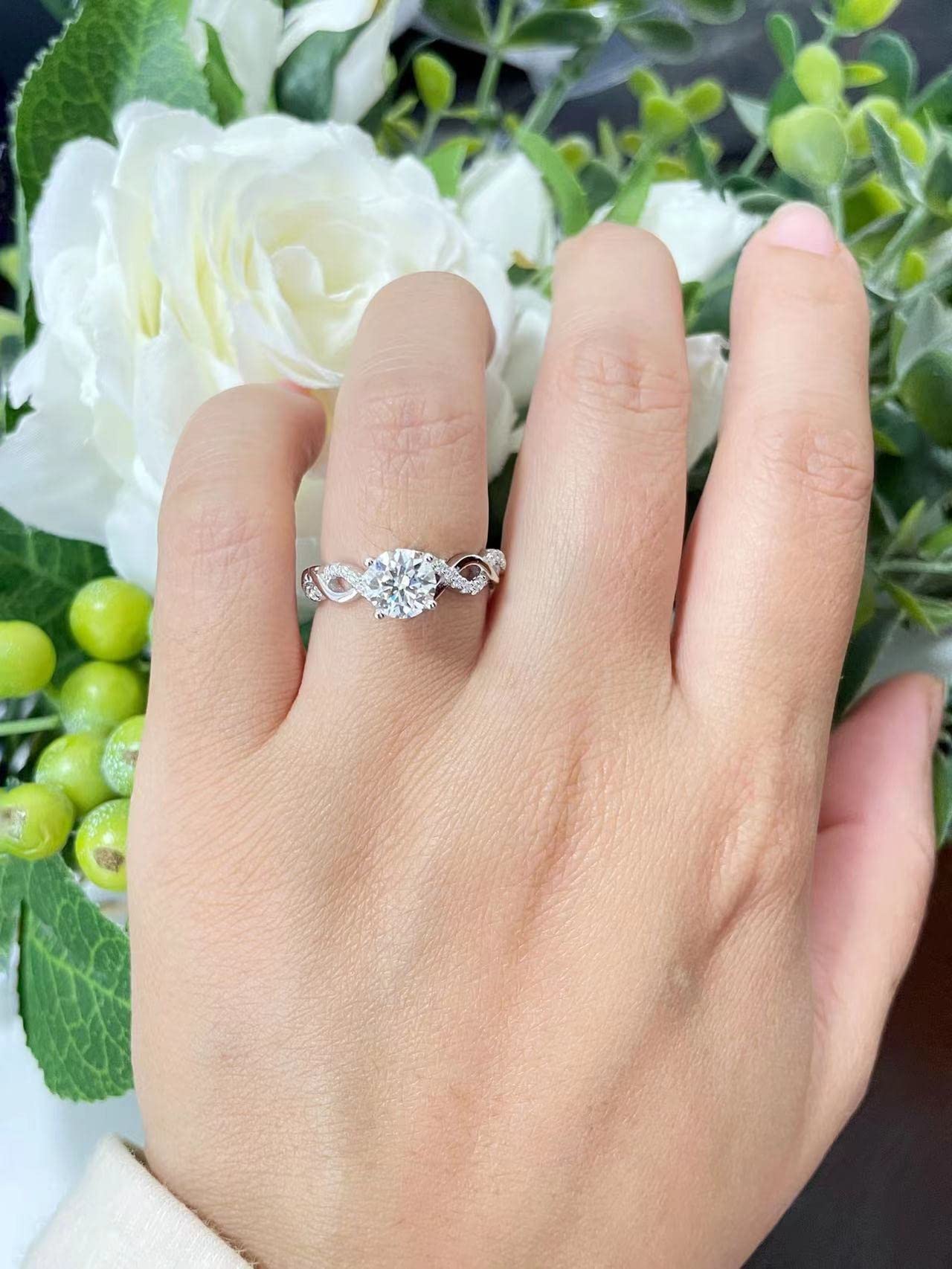 Auldey Engagement Rings For Women 1.2CT Twisted Platinum Plated Silver Ring Mossanite Wedding Ring for Her Size 6-9,7