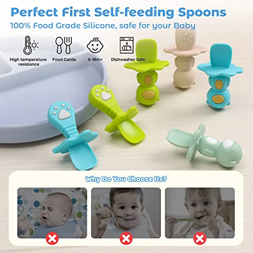 Baby Spoons - First Stage Toddler Utensils - Baby Led Weaning Spoons - Food Grade Soft Silicone Anti-Choke, Self Feeding Set