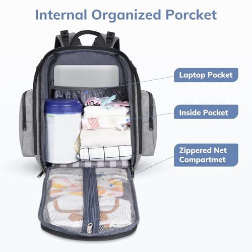 Mancro Diaper Bag Backpack, Large Multifunction Waterproof Travel Baby Changing Bag for Dad Mom with 4 Insulated Pockets and Stroller Straps, Maternity Baby Bag for Boys Girls, Grey
