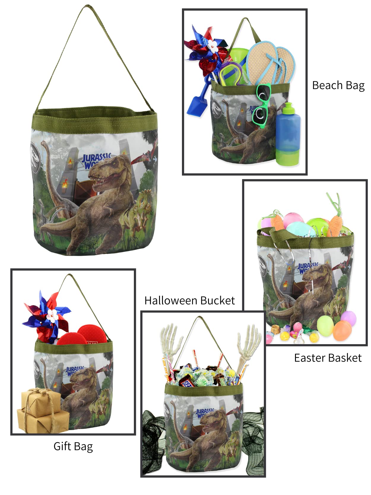 Jurassic World Dinosaurs Collapsible Nylon Basket Bucket Tote Bag (One Size, Green)