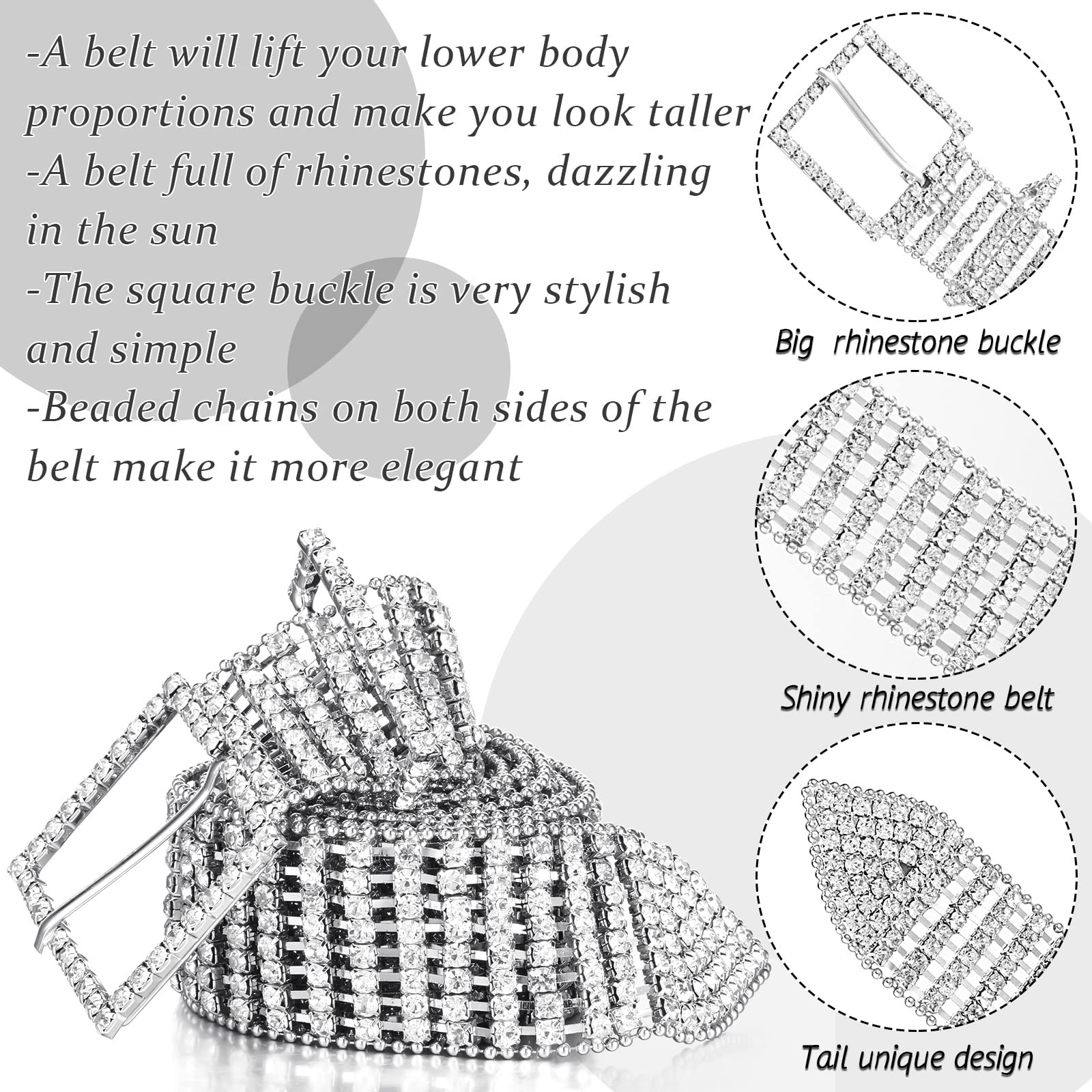 Geyoga 2 Pieces 5-8 Rows Women Rhinestone Belts Shiny Waist Belts Bling Glitter Chain Waistband for Jeans Dresses Pants (Silver)