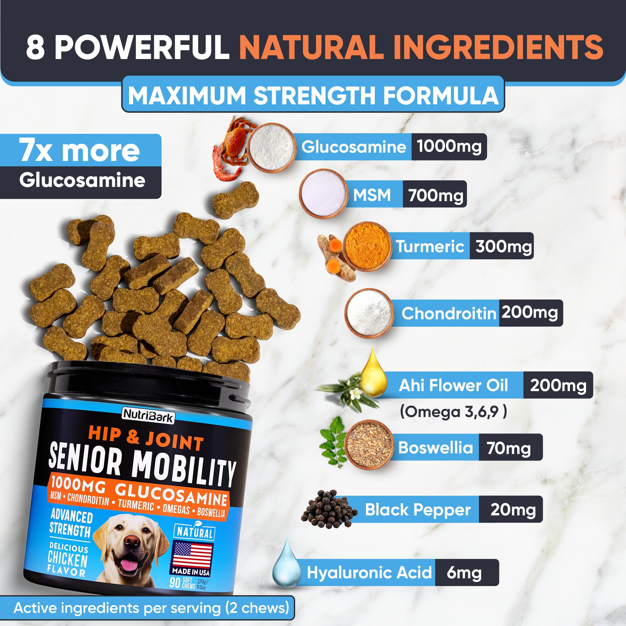 Senior Dog Joint Supplement -1000mg Glucosamine for Dogs -Advanced Hip & Joint Support Chews w/Glucosamine, Chondroitin, MSM, Turmeric & Omega 3 for Pain & Inflammation Relief, Improved Mobility