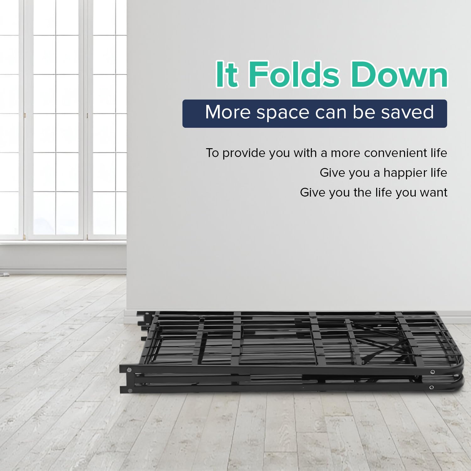 Bed Frame, Foldable Metal Platform Bed Frame Mattress Foundation Box Spring Replacement Heavy Duty Steel Slat Classic Metal for Home, Office, 14 Inch High, Black, Twin