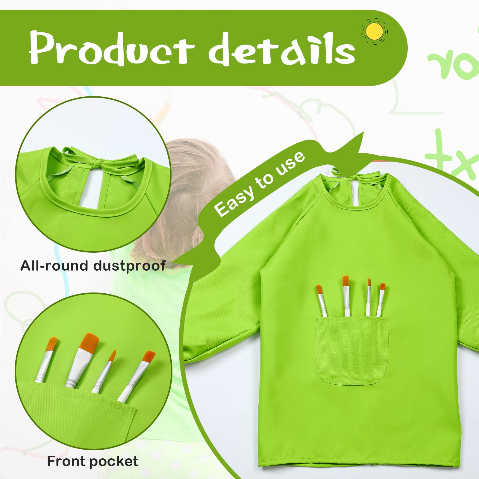 Geyoga 6 Pcs Art Smock for Kids Colorful Painting Artist Smock Waterproof Apron Toddler Full Coverage Long Sleeve Apron with Pocket for School Class, for Age 3 to 8