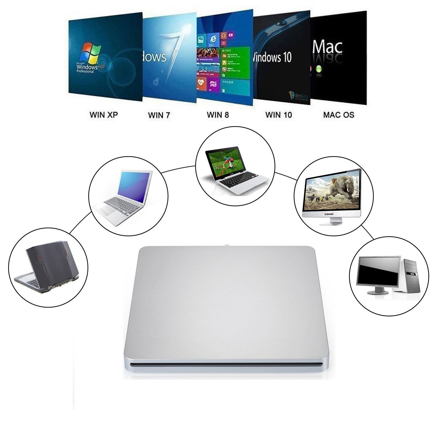 VikTck USB-C Superdrive External DVD/CD Reader and DVD/CD Burner for Apple-MacBook Air/Pro/iMac/Mini/MacBook Pro/ASUS/ASUS/DELL Latitude with USB-C Port Plug and Play(Silver)