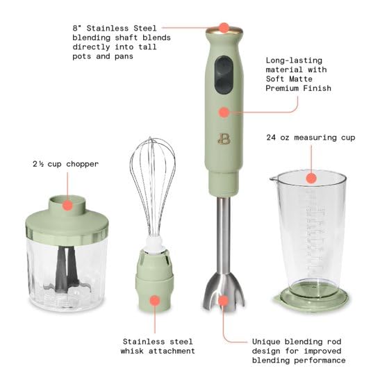 Beautiful 2-Speed Immersion Blender with Chopper & Measuring Cup, Sage Green by Drew Barrymore