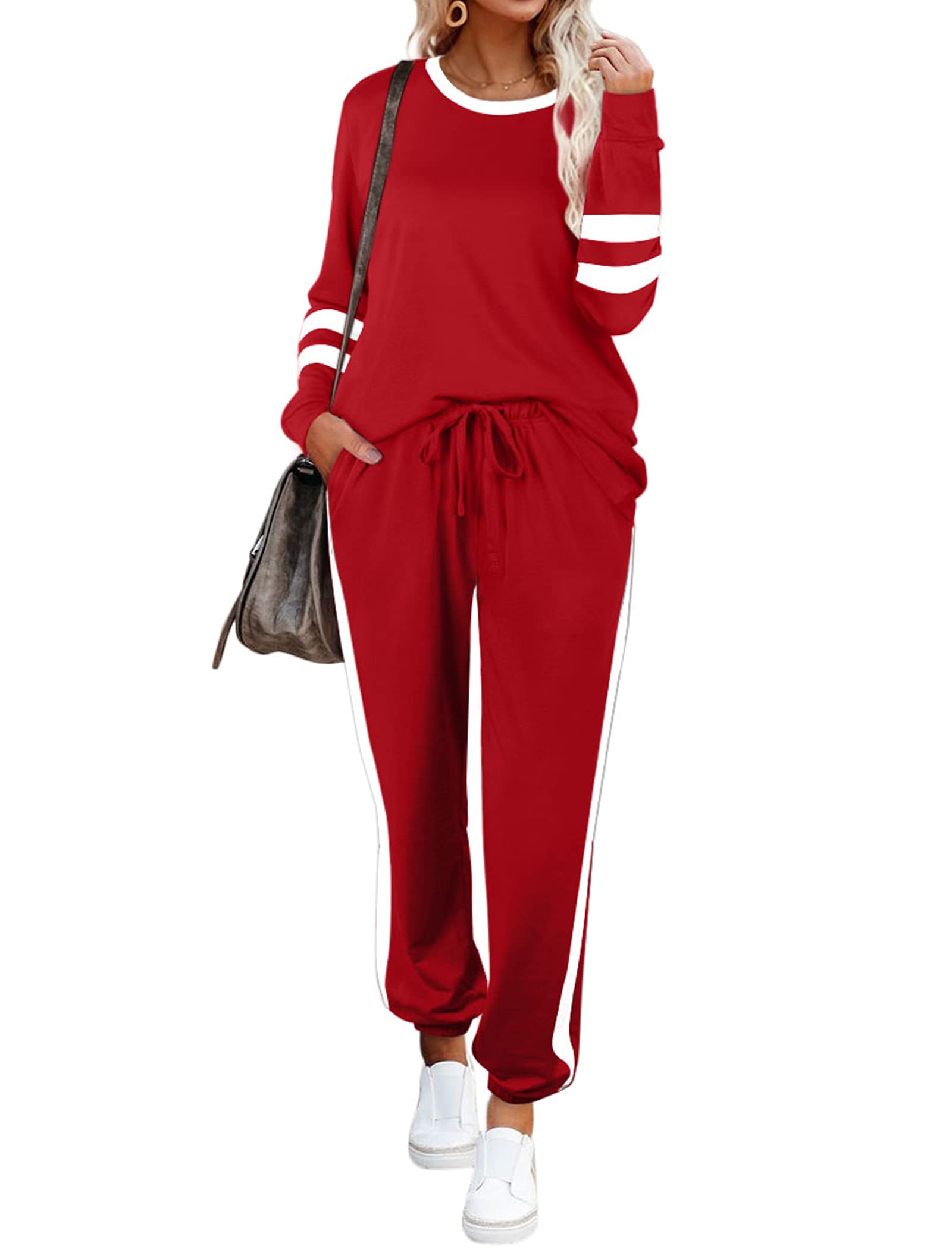 Aloodor Lounge Sets for Women 2 Piece Travel Outfits Stripe Sleeve Tops Red L