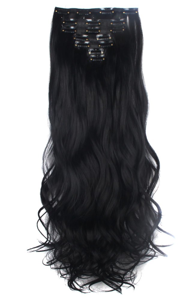 Lelinta 7Pcs 16 Clips 24 Inch Wavy Curly Full Head Clip in on Double Weft Hair Extensions, Dark Black, 24 Inch