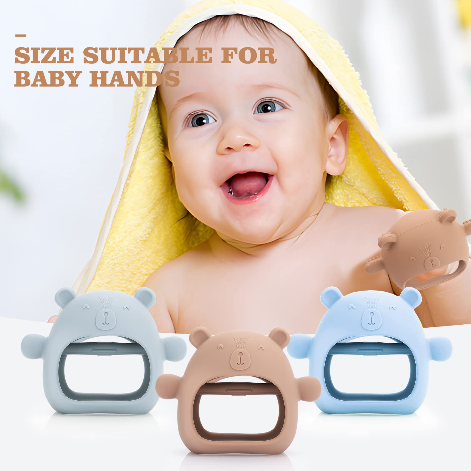 Baby Teether Toy for Infants 3+ Months, Bear BPA Free Anti-Drop Silicone Mitten Teething Toy for Soothing Pain Relief, Silicone Mitten Teether for Sucking Needs (Blue,Brown,Green)